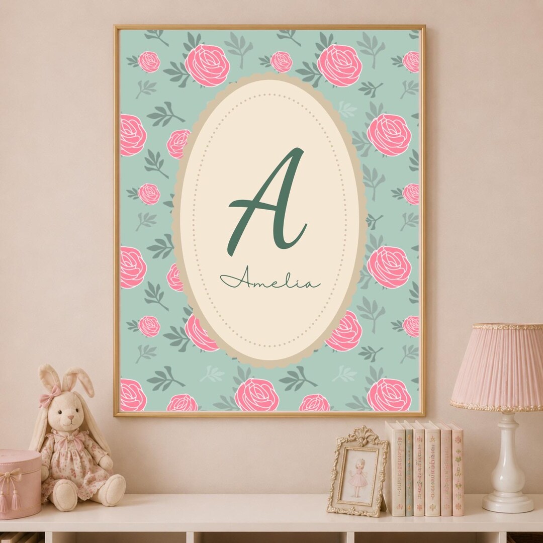 Cottagecore Rose Alphabet Print, Girls Nursery Name Art (editable Canva ...