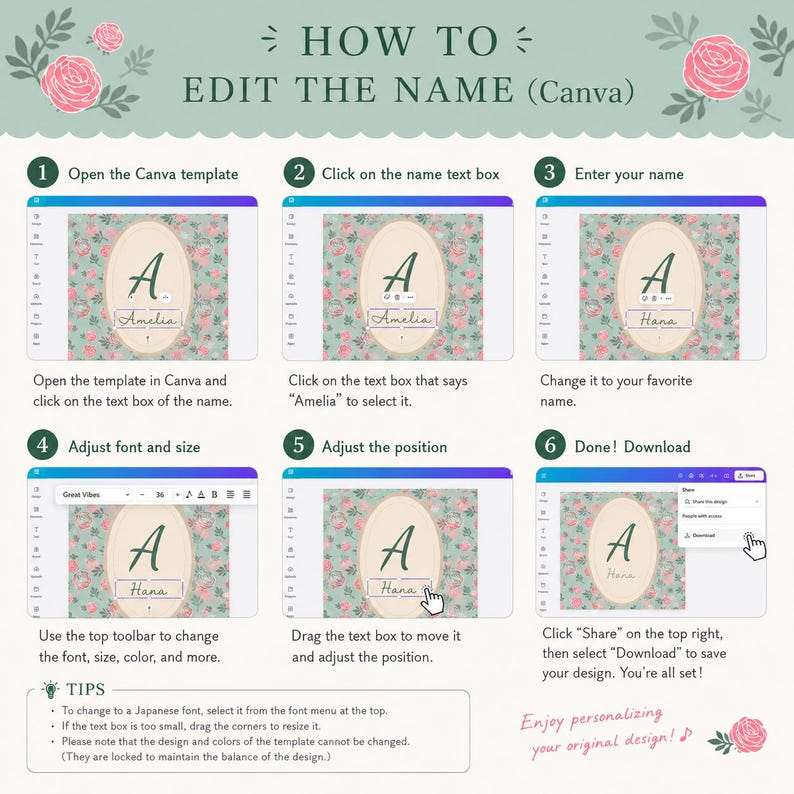 Cottagecore Rose Alphabet Print, Girls Nursery Name Art (editable Canva ...