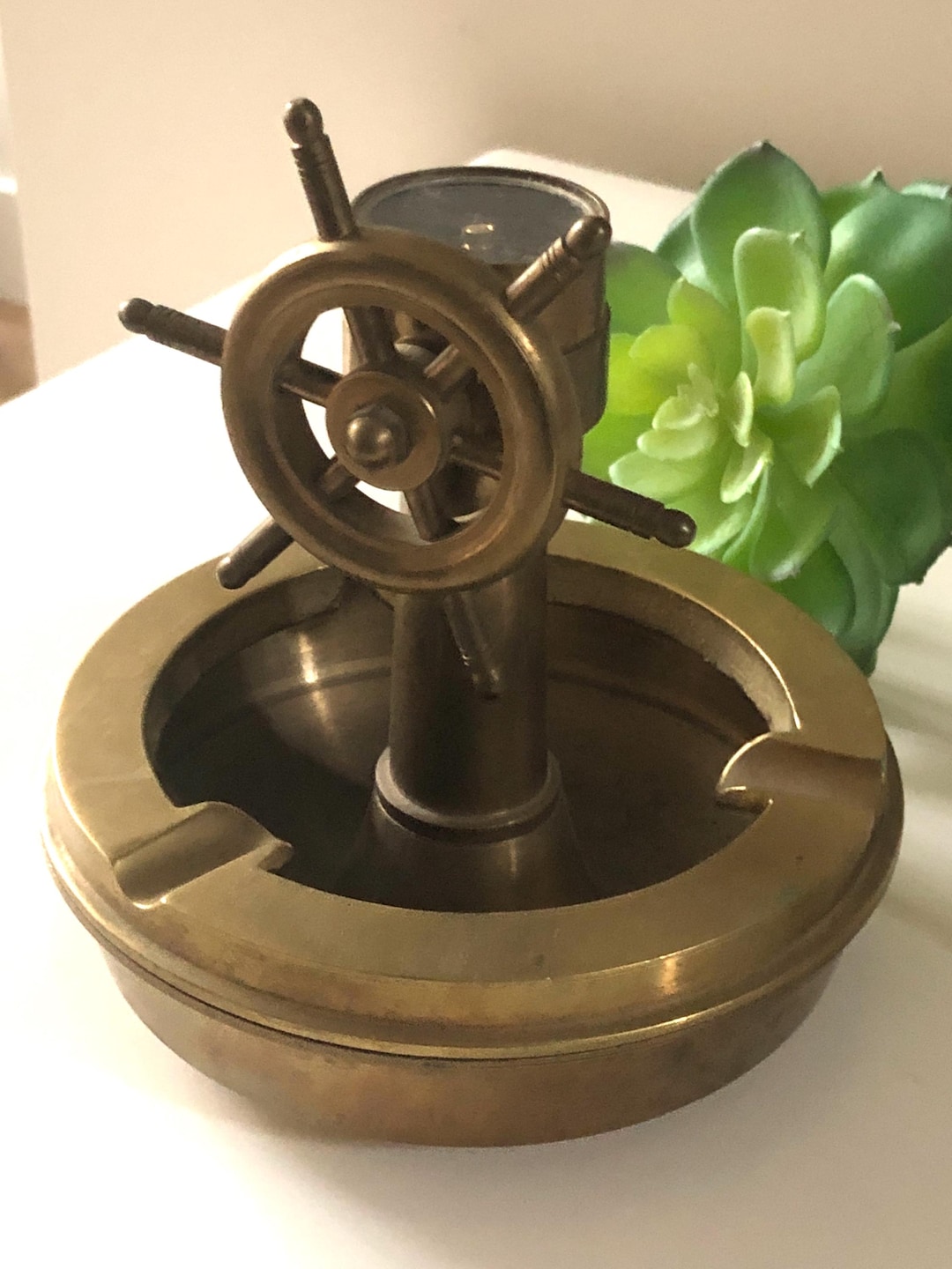 Vintage Nautical Ashtray With Compass Brass Ashtray Turning Ship Wheel ...