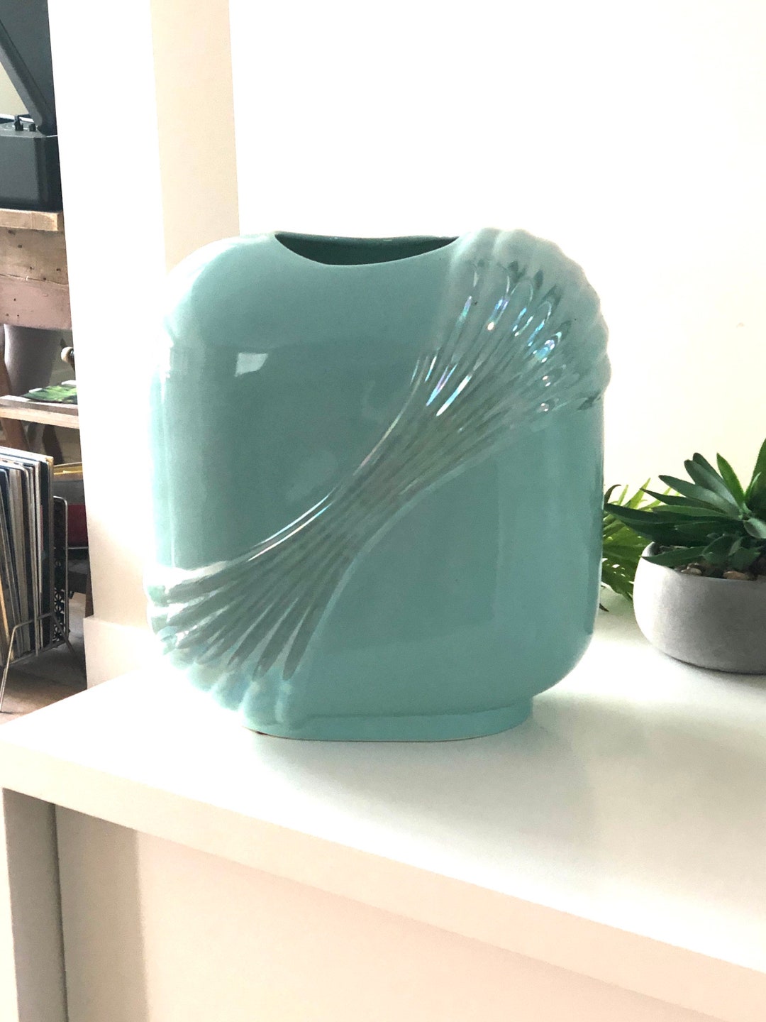 Large Vintage Art Deco Style Vase 80’s Iridescent Ribbed Draped Design ...