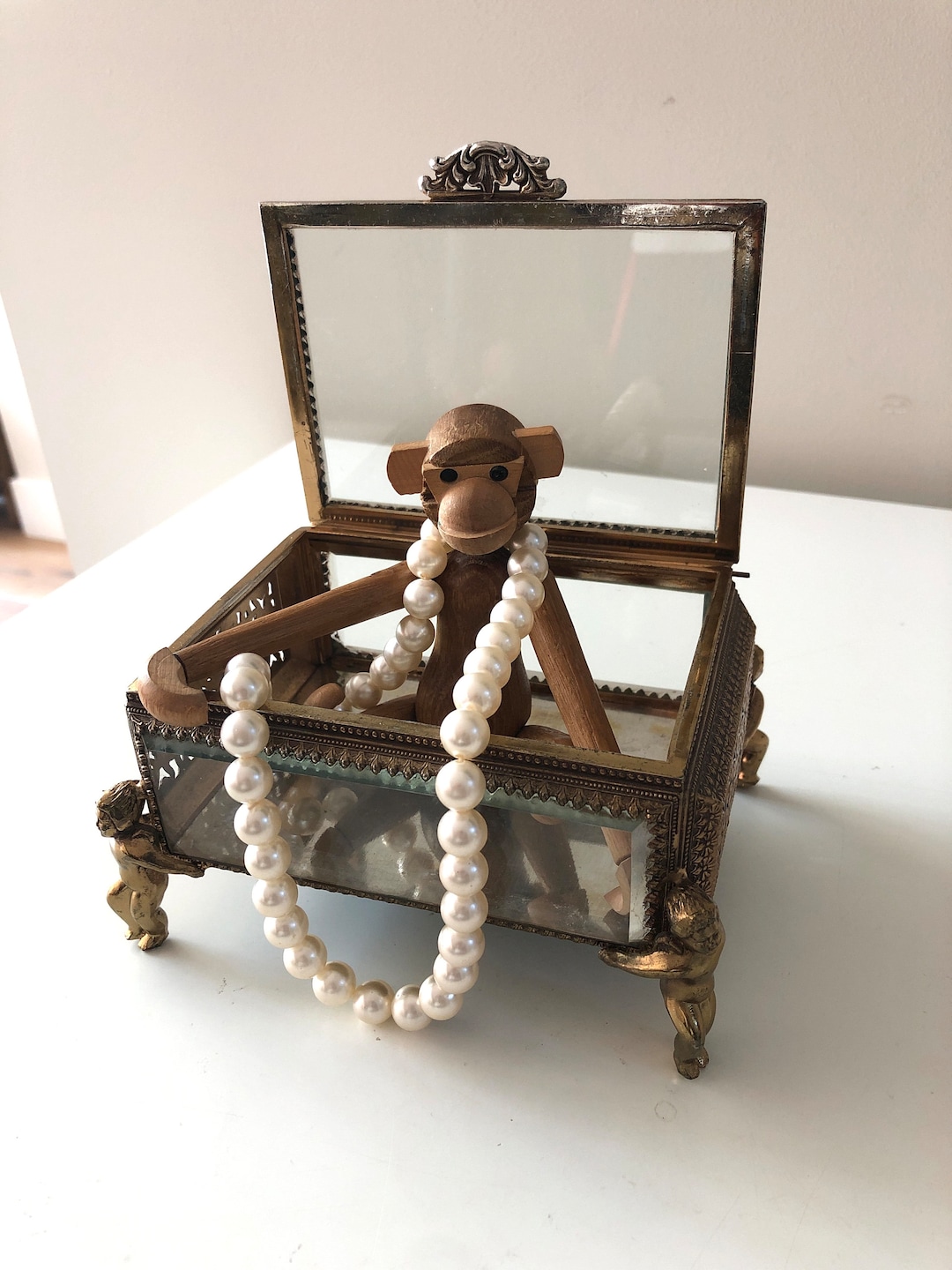 SALE Ormolu Jewelry Casket Display Box Angel Footed Beveled Glass ...