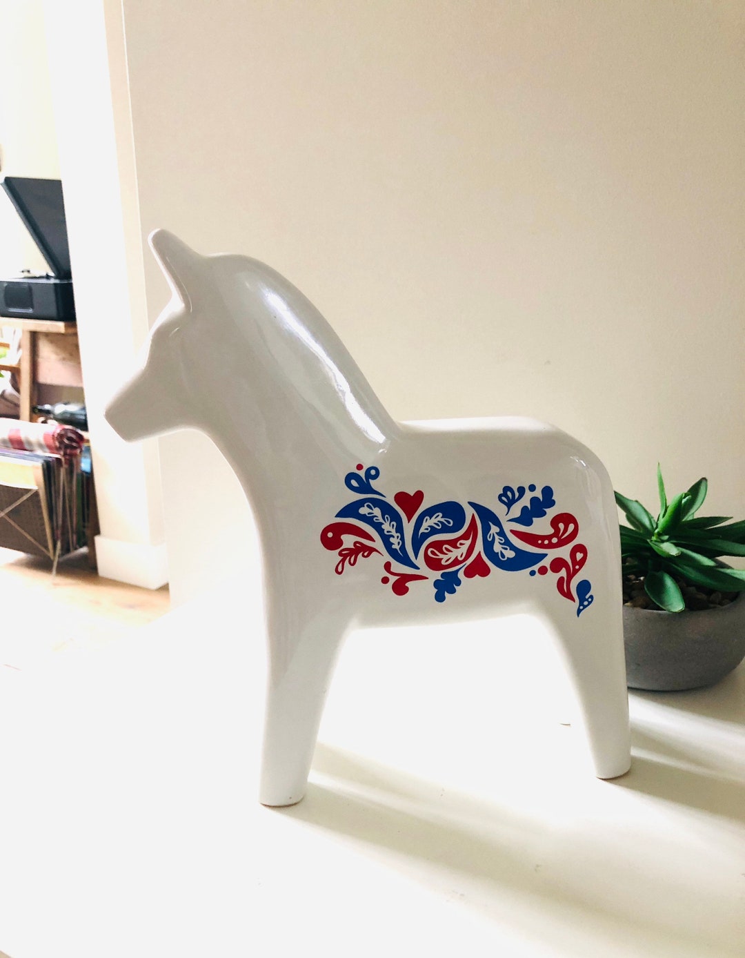 Vintage Large IKEA Dala Horse Swedish Figurine Ceramic White Dala Horse ...