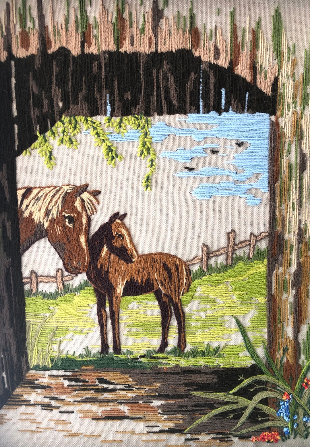 Vintage 70s Horse Crewel Embroidery Farmhouse Decor Rustic Decor Framed ...