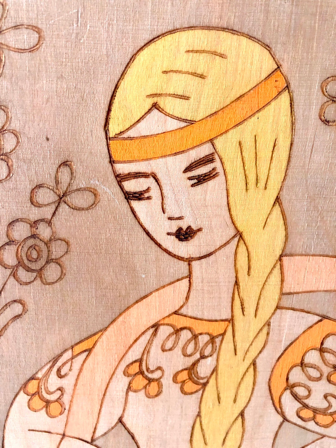 Vintage Wood Burnt Art Pyrography Russian Lady With Head Band Design ...