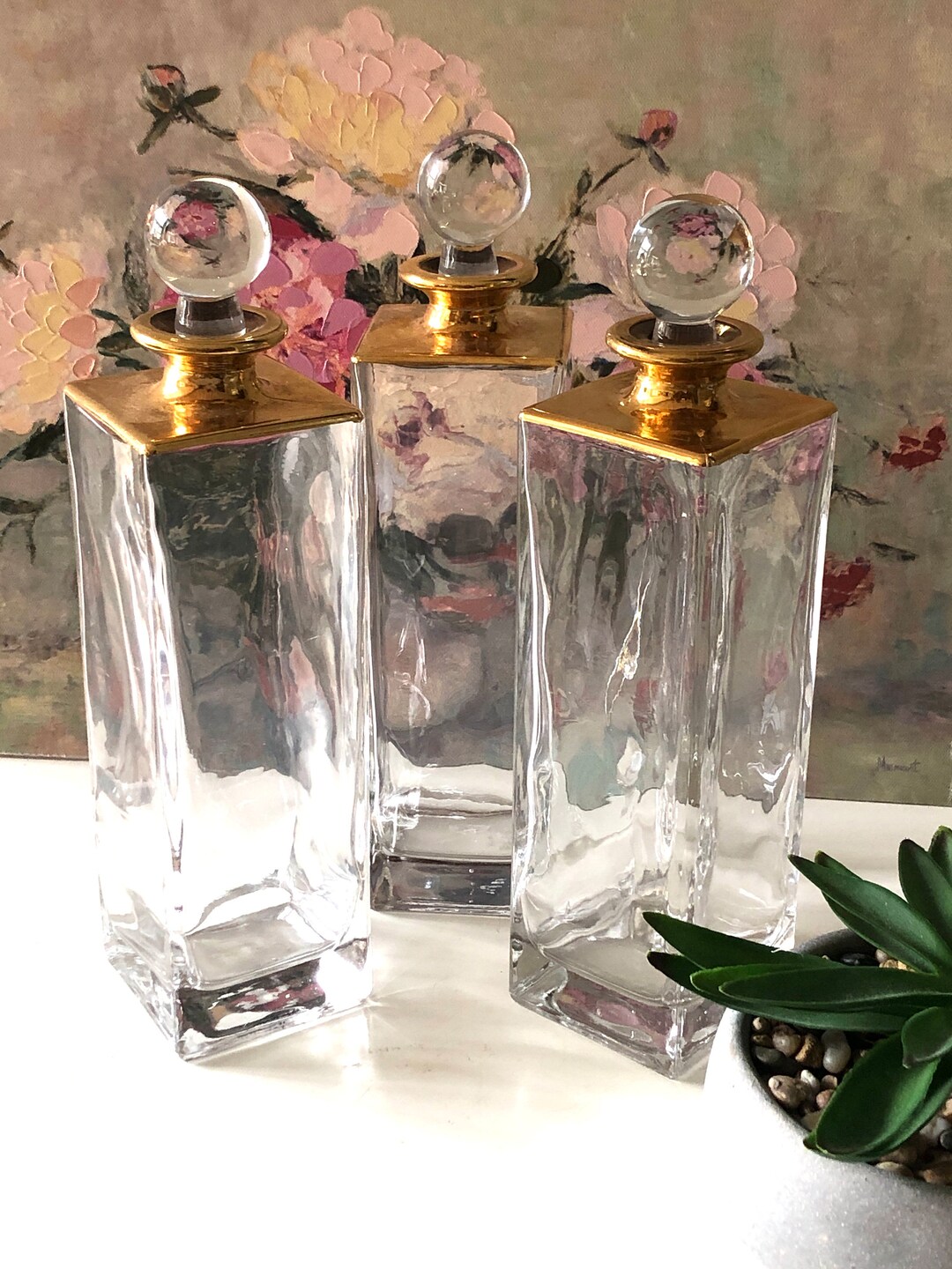 3 Mette Ditmer DENMARK Decanters Glass and Gold Rim Bar-ware Modern ...