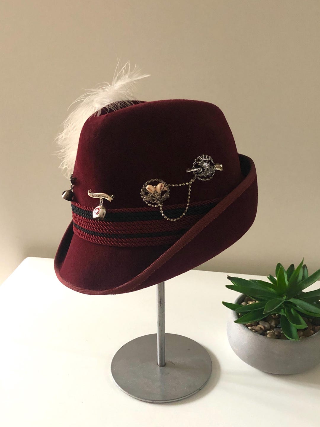 Vintage Tyrolean Hunting Austrian Hat Burgundy With Pins Silk Roped ...