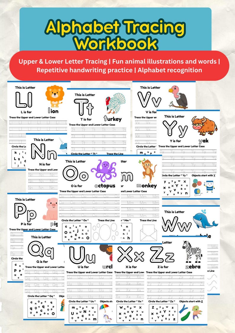 Animal Themed Alphabet Tracing Workbook for Toddlers | A-Z Upper and ...