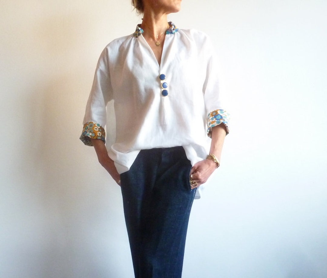 LUCINE Loose-fit White Linen Floral-trimmed Blouse - Etsy