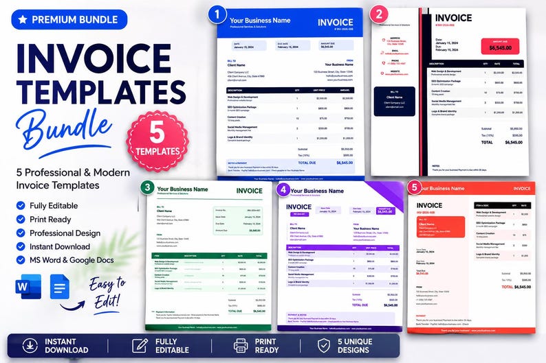 Editable Invoice Template Bundle 5 Colours | Canva Digital Receipt ...
