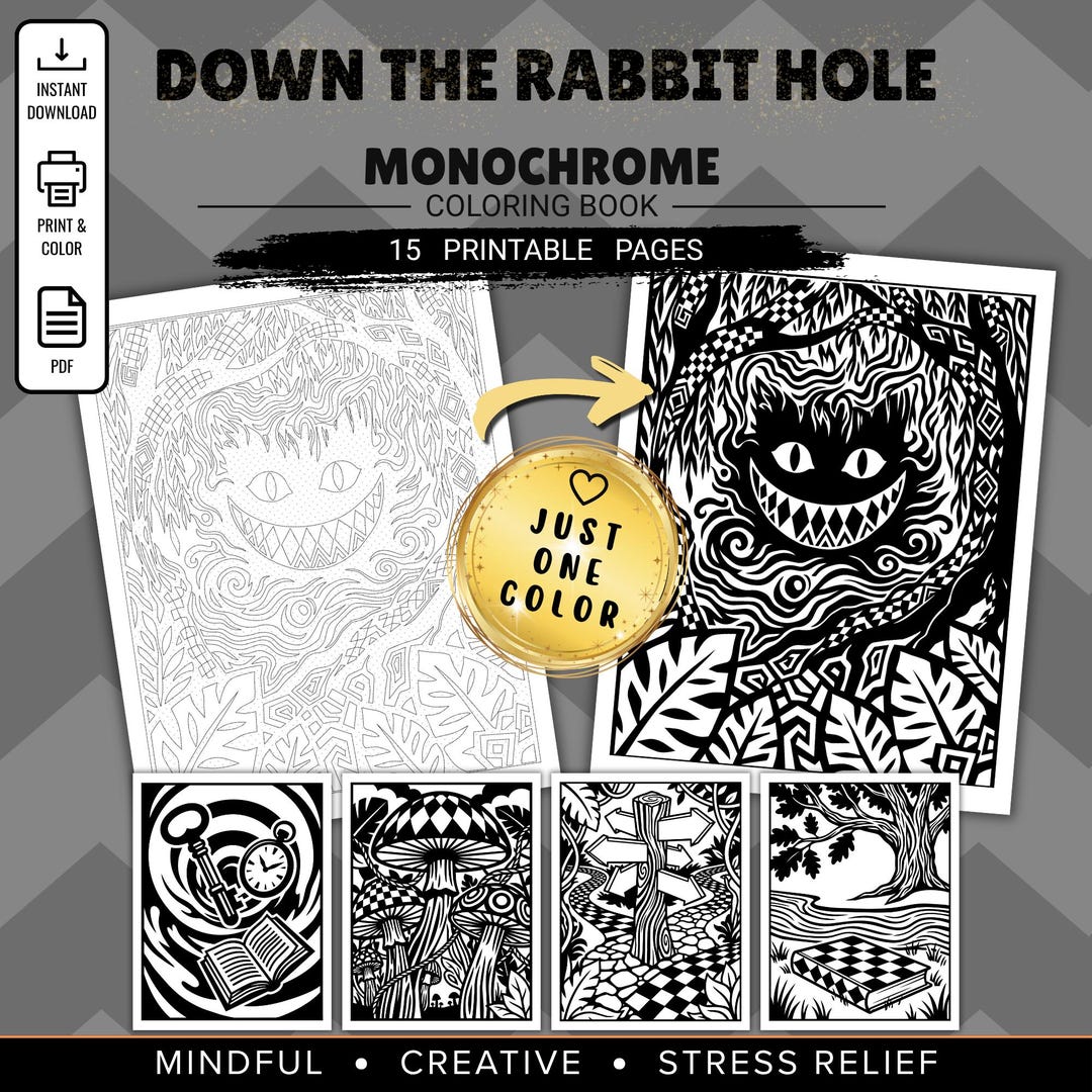 Wonderland Journey Monochrome Coloring Book Adult | Mindful Rhythmic ...