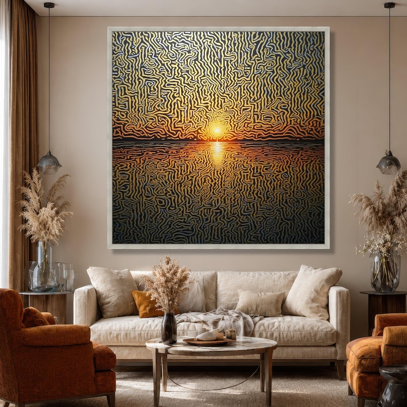 Abstract Sunset Canvas Wall Art, Modern Ocean Reflection Canvas, Golden ...