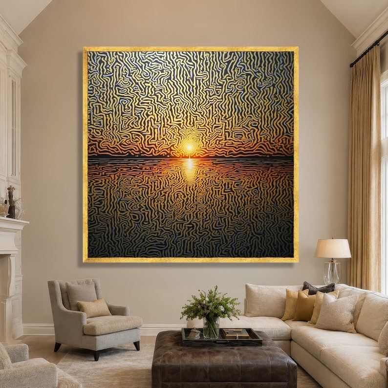 Abstract Sunset Canvas Wall Art, Modern Ocean Reflection Canvas, Golden ...