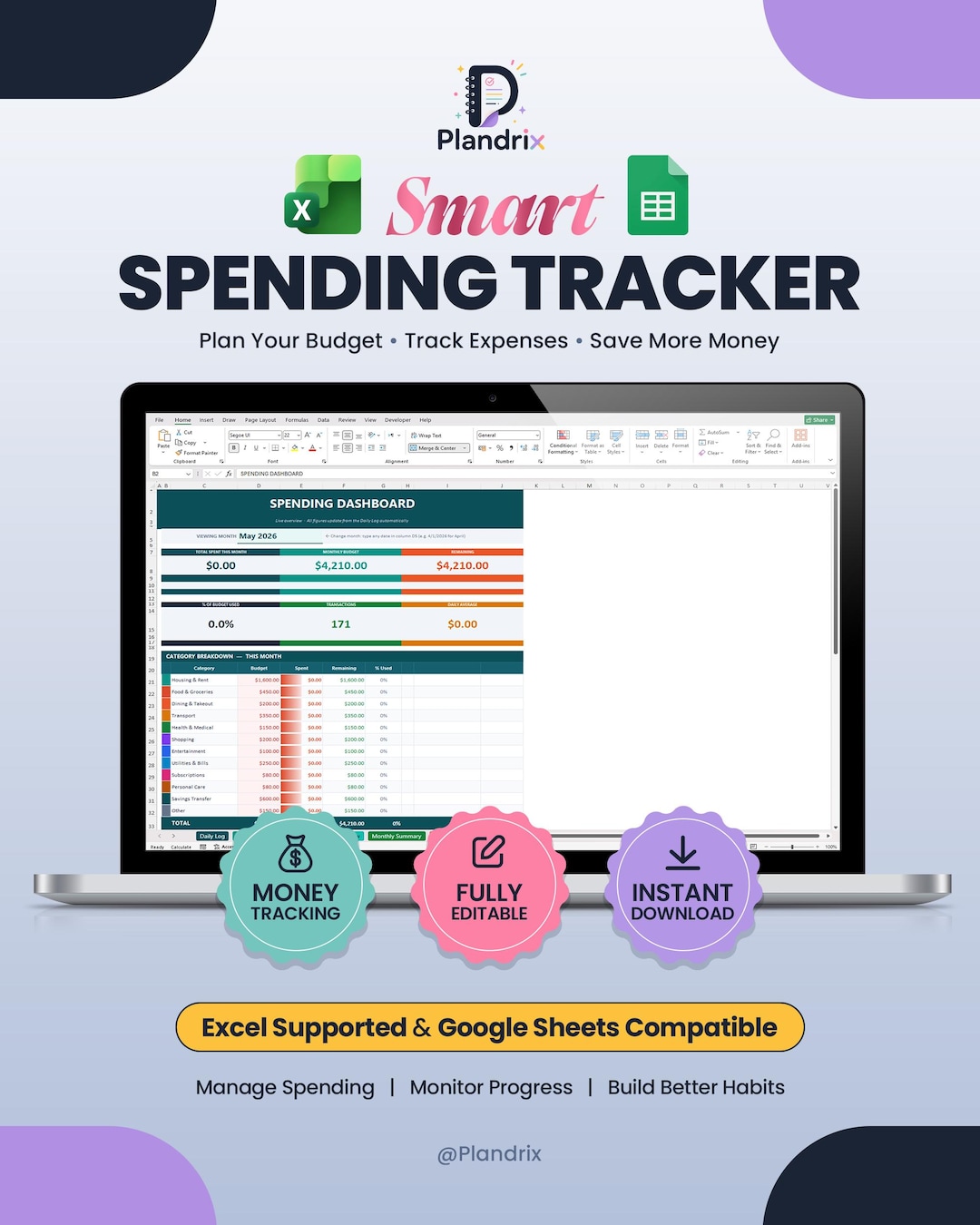 Spending Tracker Spreadsheet | Daily Expense and Bill Tracker for Excel ...