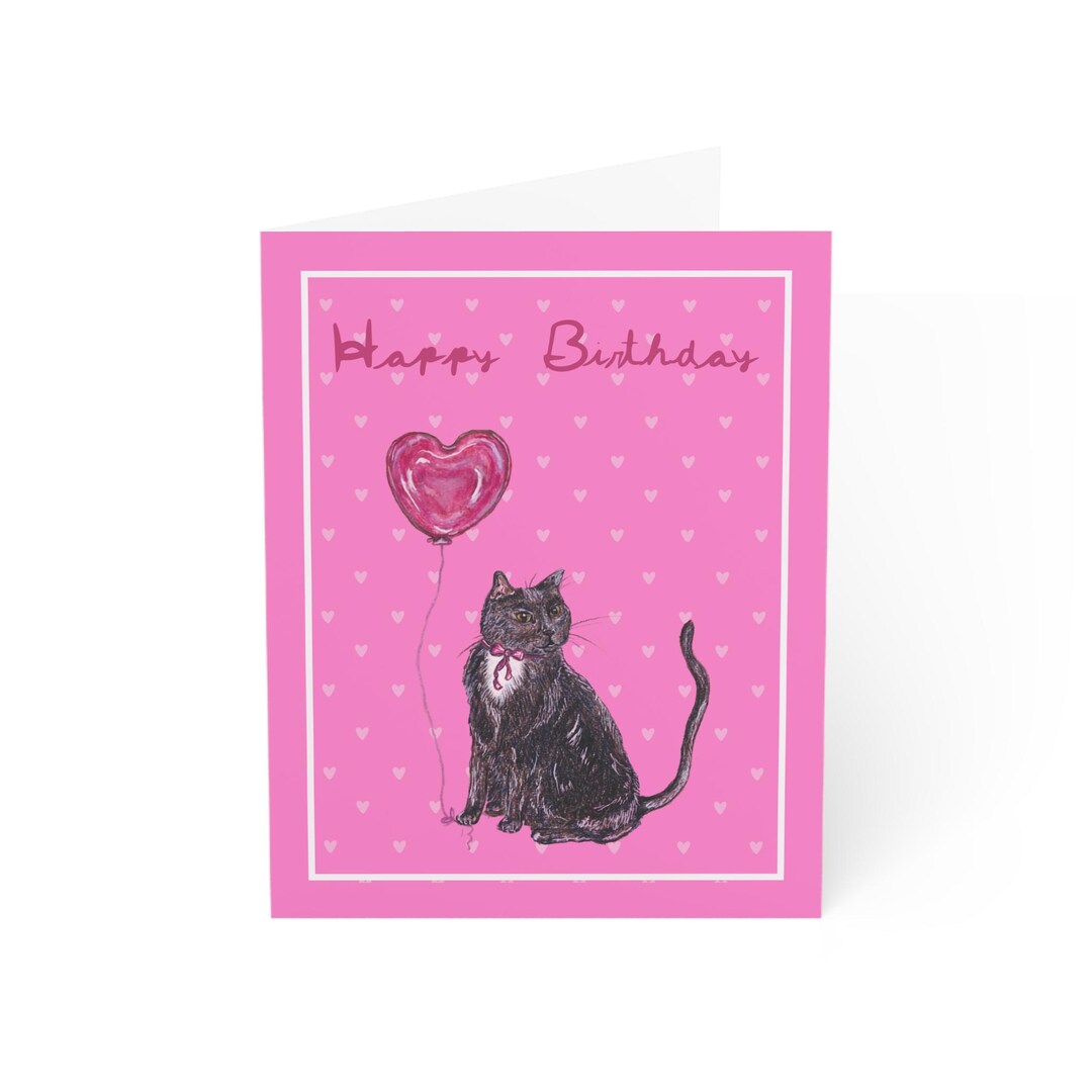 Hand Drawn Black Cat Birthday Card, Heart Balloon Whimsical Greeting ...