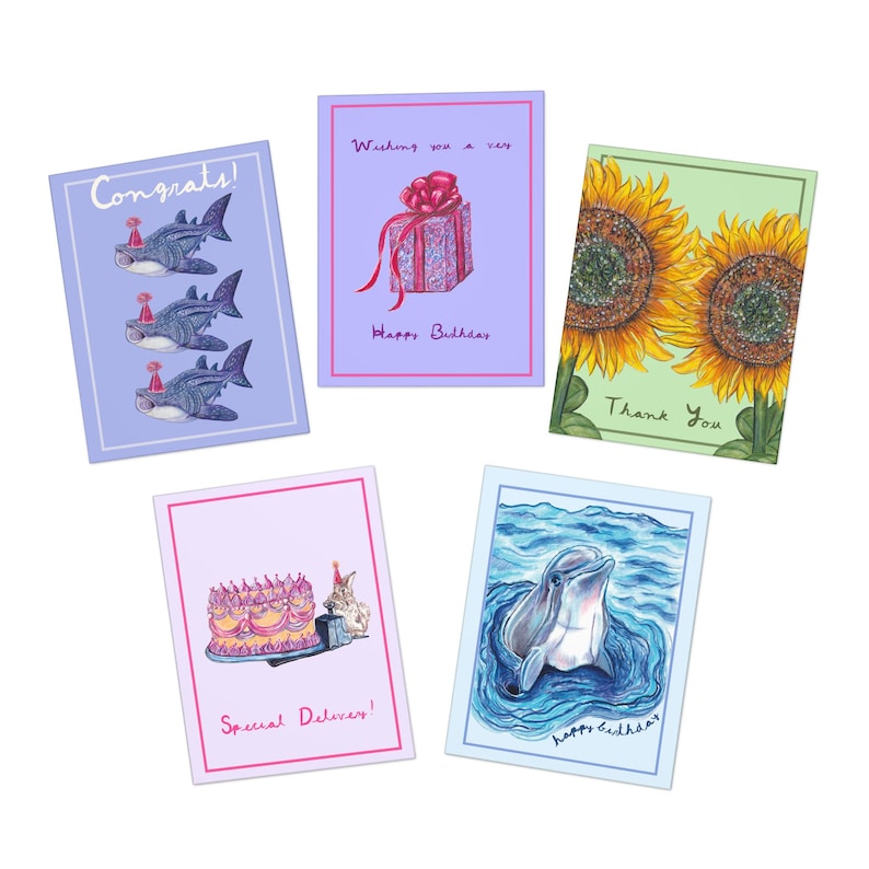 Hand Drawn Greeting Cards, Ocean Animals, Whimsical Bundle (5 Pack) - Etsy