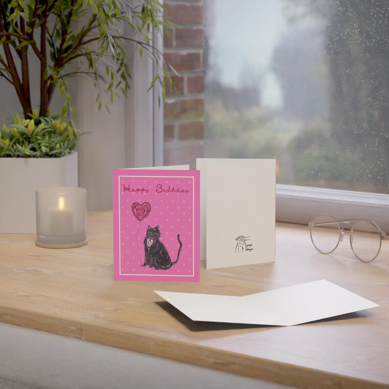 Hand Drawn Black Cat Birthday Card, Heart Balloon Whimsical Greeting ...