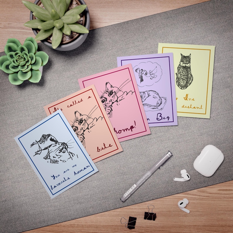 Hand Drawn Cat Cards, Whimsical Humor Pack, Cat Lover Gift (set of 5 ...
