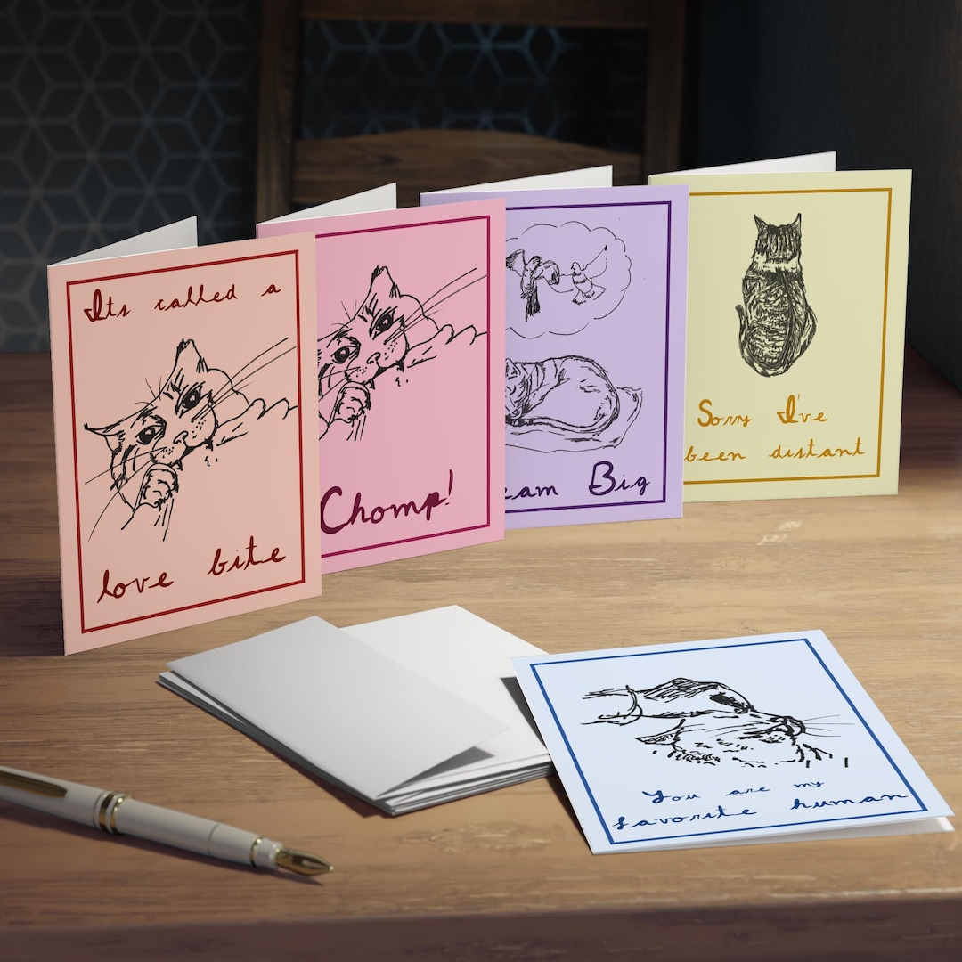 Hand Drawn Cat Cards, Whimsical Humor Pack, Cat Lover Gift (set of 5 ...