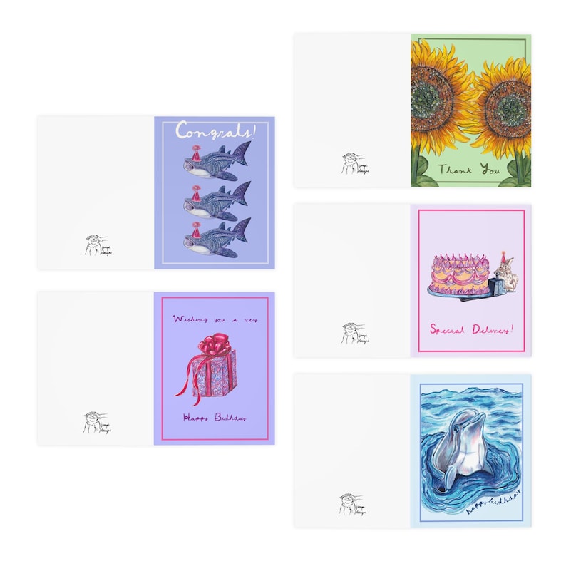 Hand Drawn Greeting Cards, Ocean Animals, Whimsical Bundle (5 Pack) - Etsy