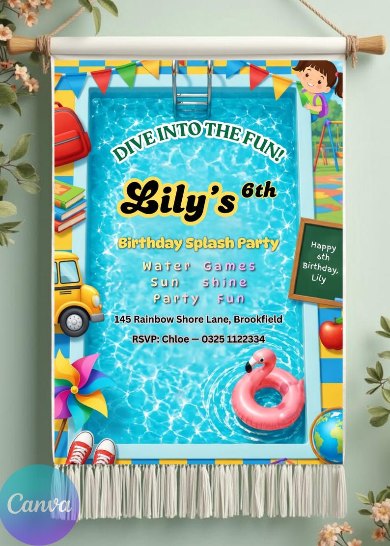 Pool Party Birthday Invitation, Whimsical Swim Invite, Pink Bow ...