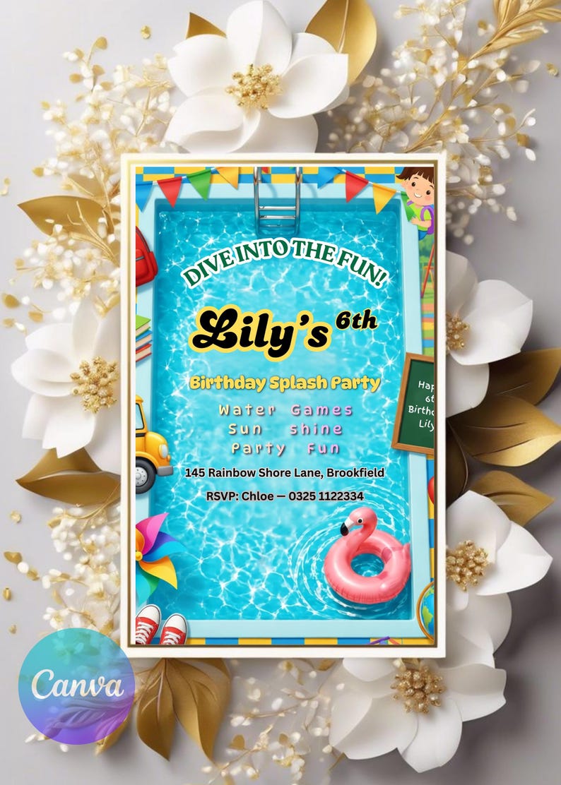 Pool Party Birthday Invitation, Whimsical Swim Invite, Pink Bow ...