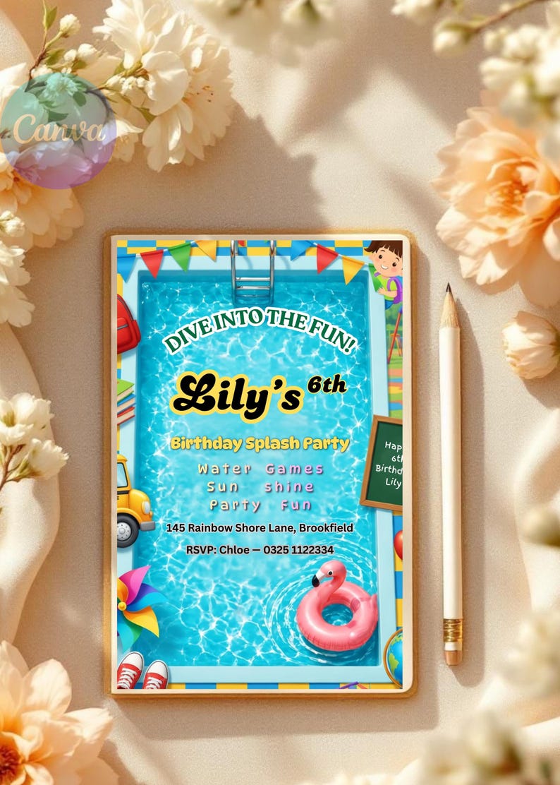 Pool Party Birthday Invitation, Whimsical Swim Invite, Pink Bow ...