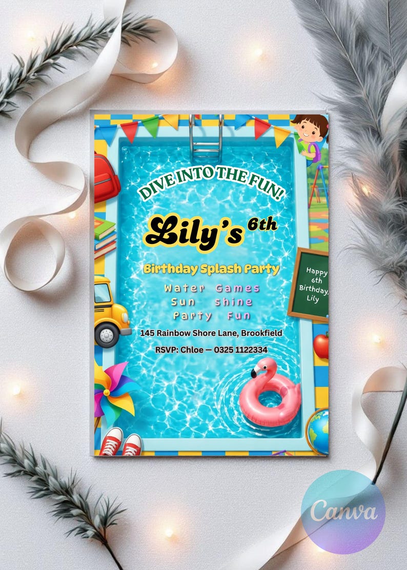 Pool Party Birthday Invitation, Whimsical Swim Invite, Pink Bow ...