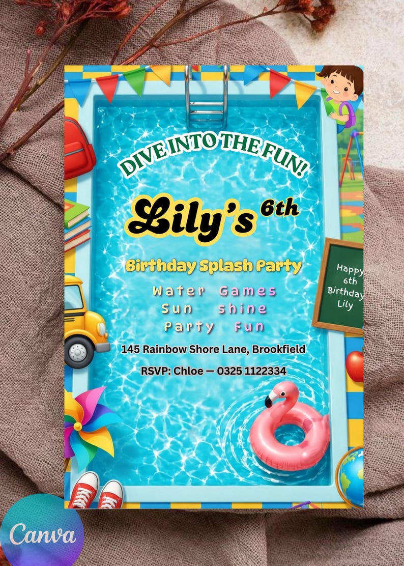 Pool Party Birthday Invitation, Whimsical Swim Invite, Pink Bow ...
