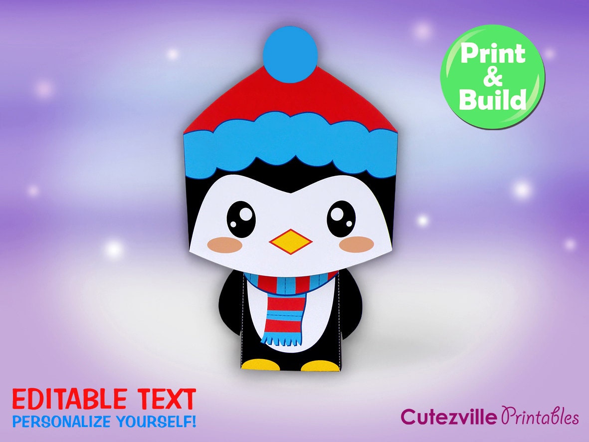 Printable PDF Christmas Penguin Gift Box With Editable Text - Etsy