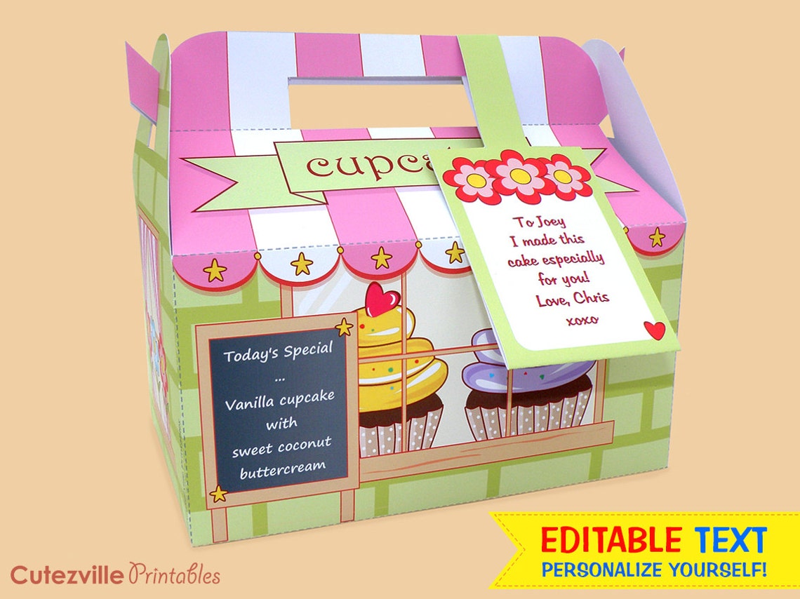 Cupcake Shop, Favor, Gift Box green Editable Text Printable PDF INSTANT ...