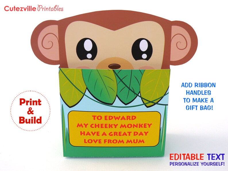 Monkey, Favor, Candy, Gift Box - Editable Text Printable PDF - INSTANT ...