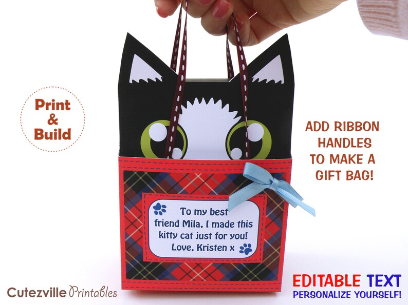 Kitten / Cat, Favor, Candy, Gift Box (black) - Editable Text Printable ...