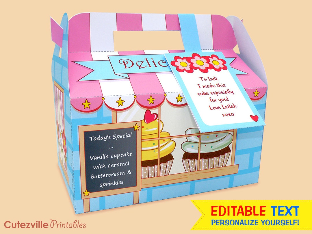Cupcake Shop, Favor, Gift Box blue Editable Text Printable PDF INSTANT ...