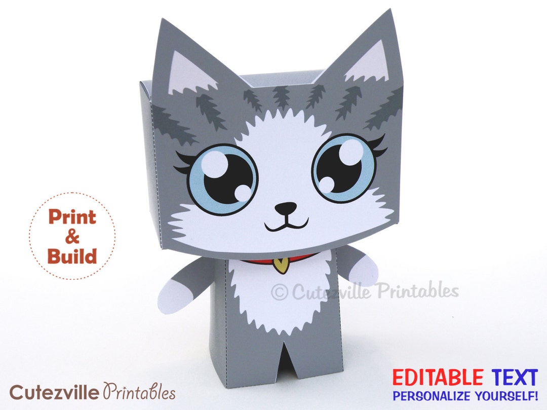 Kitten / Cat, Favor, Candy, Gift Box grey Editable Text Printable PDF ...