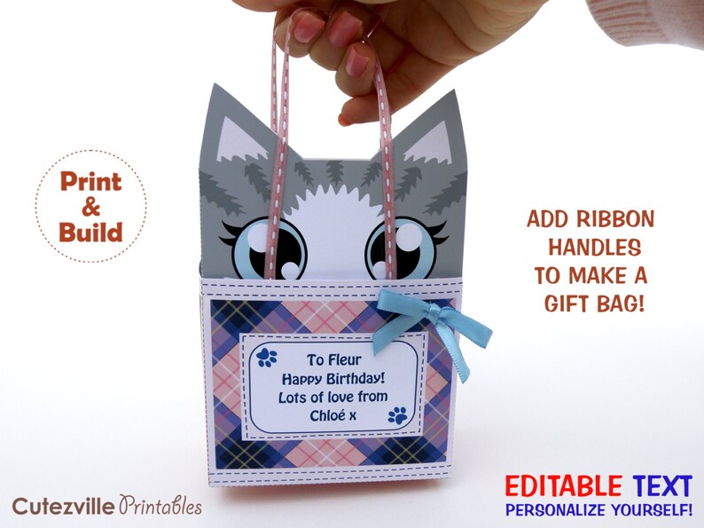 Kitten / Cat, Favor, Candy, Gift Box (grey) - Editable Text Printable ...