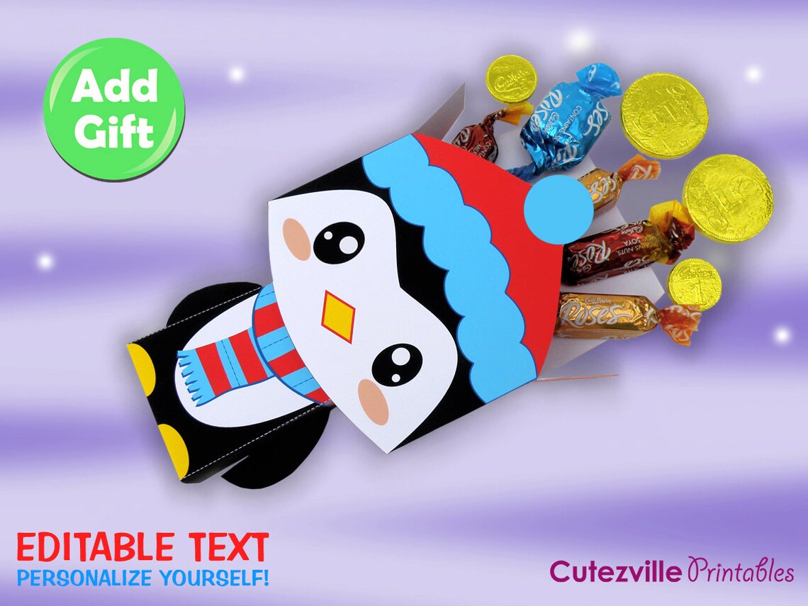 Printable PDF Christmas Penguin Gift Box With Editable Text - Etsy