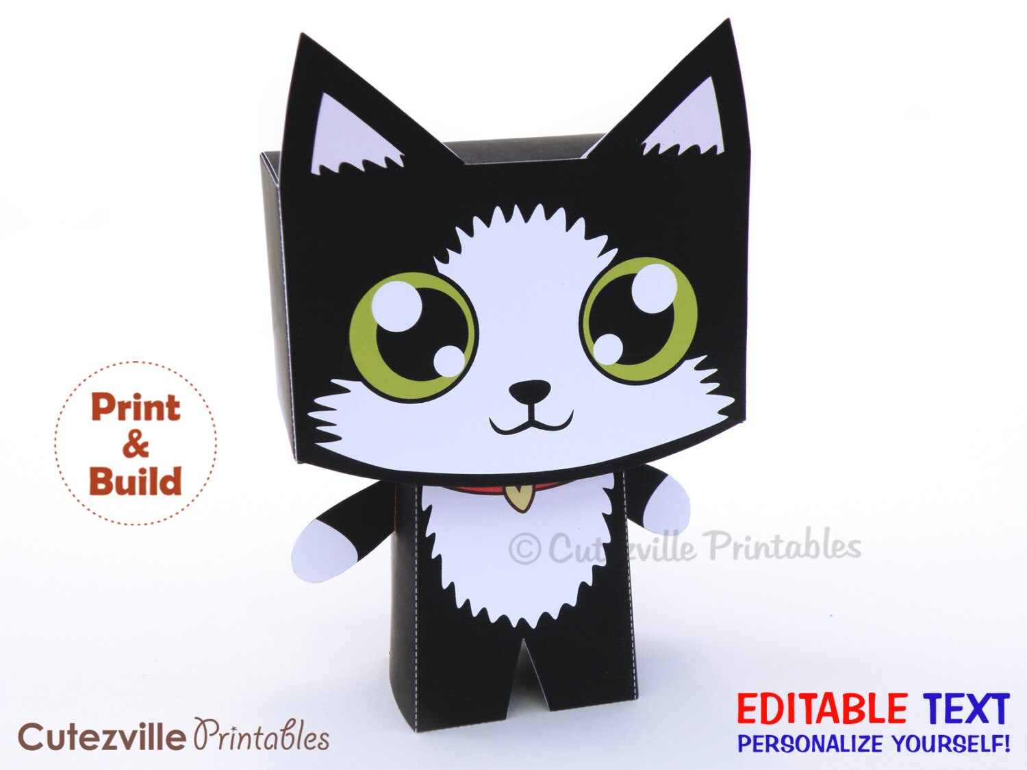 Kitten / Cat, Favor, Candy, Gift Box (black) - Editable Text Printable ...