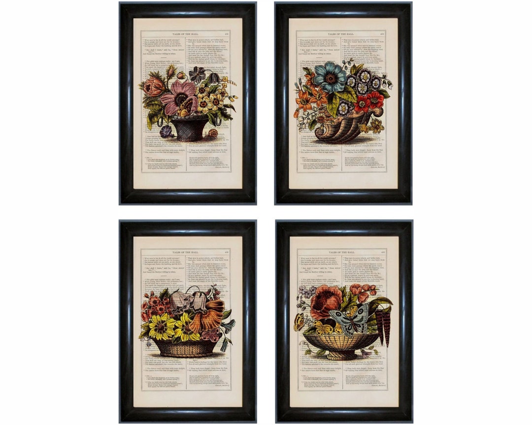 Set of 4 Floral Prints on Upcycled Vintage 1870's Pages - Etsy