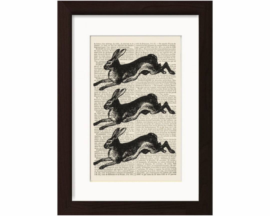 Hare Engraving Print on Upcycled French English Dictionary Page Mixed ...