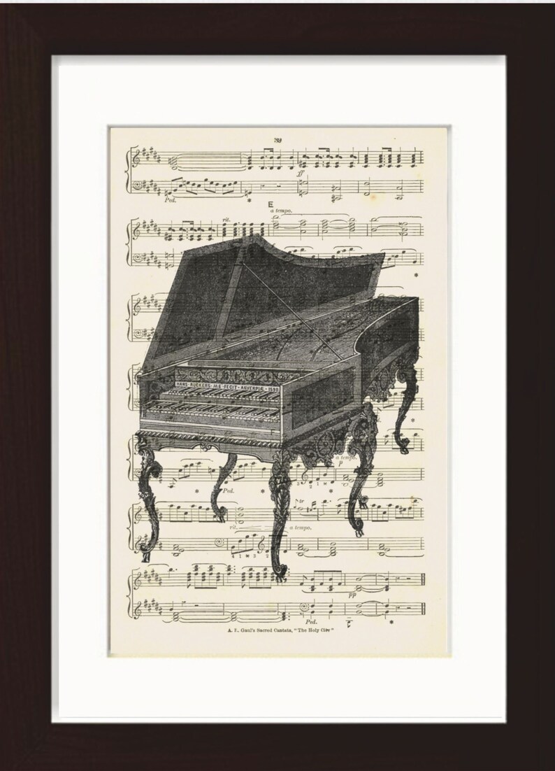 Engraving of 1500's Harpsichord on Recycled Sheet Music | Etsy