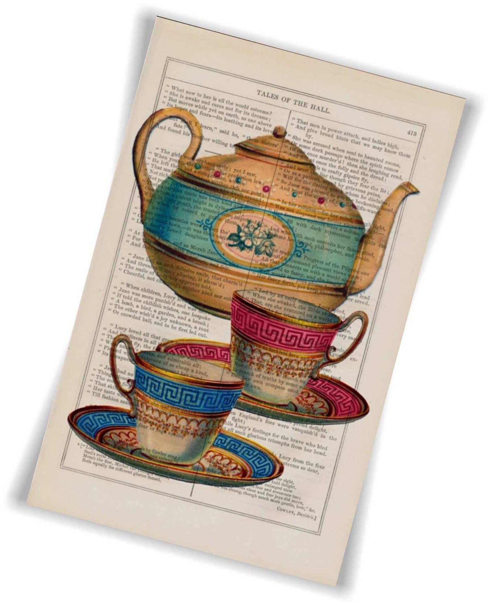 China Tea Cups and Tea Pot Print on Vintage 1870's | Etsy