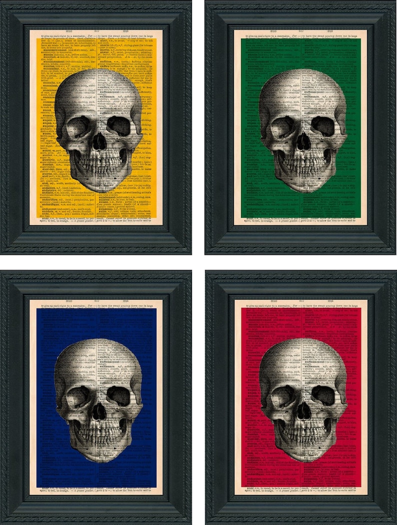 Mixed Media Skulls Set of 4 Colored Skull Prints on Repurposed | Etsy