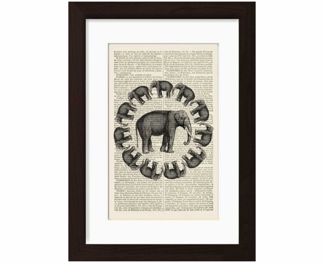Elephant Circle Print on Vintage Upcycled French English Dictionary ...
