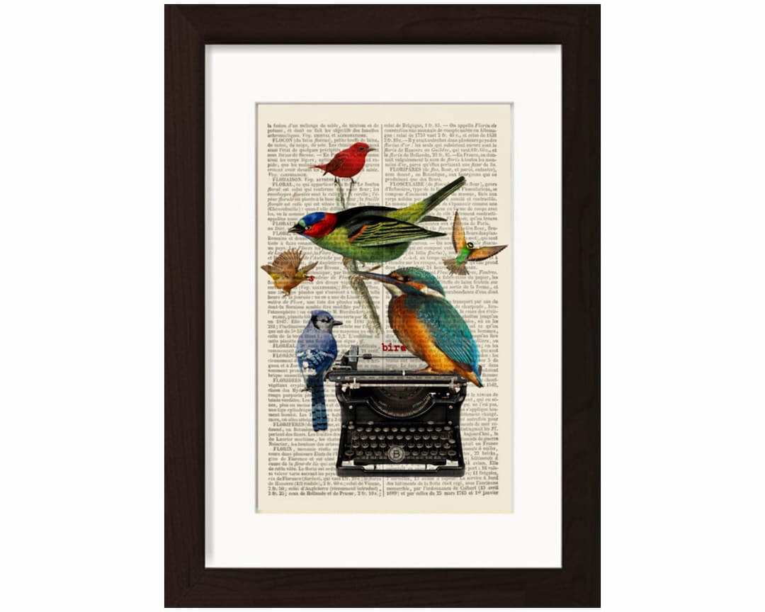 Birds With Typewriter Print on Vintage French English Dictionary Page ...