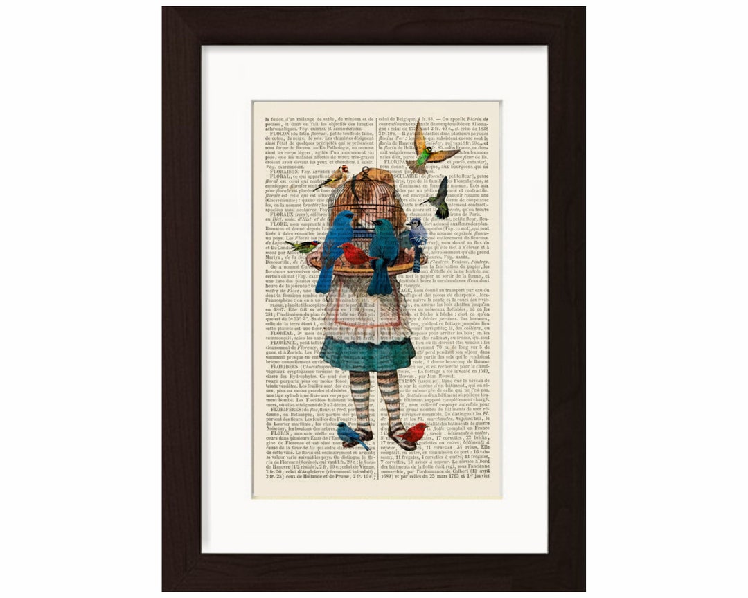 Alice With Bird Cage and Colorful Blue and Red Birds Mixed Media Print ...