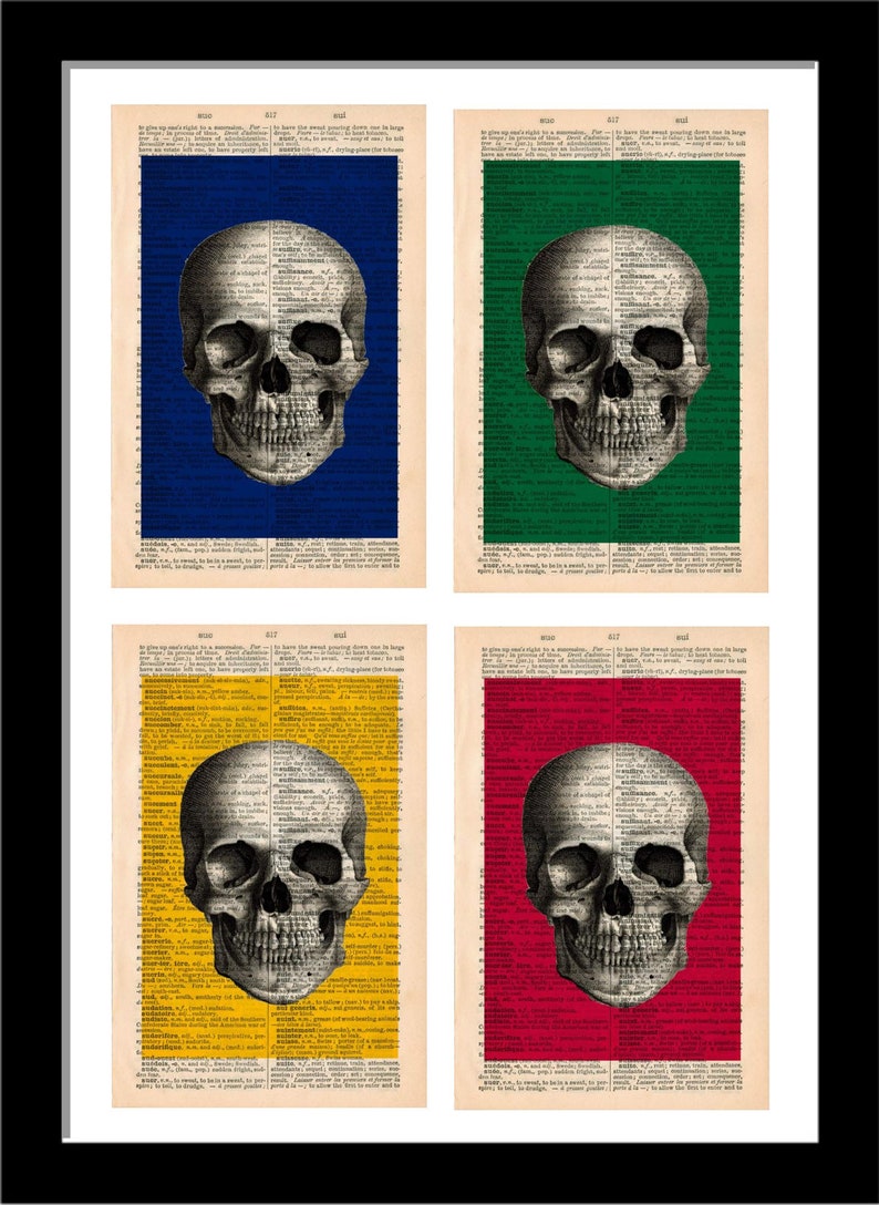 Mixed Media Skulls Set of 4 Colored Skull Prints on Repurposed - Etsy