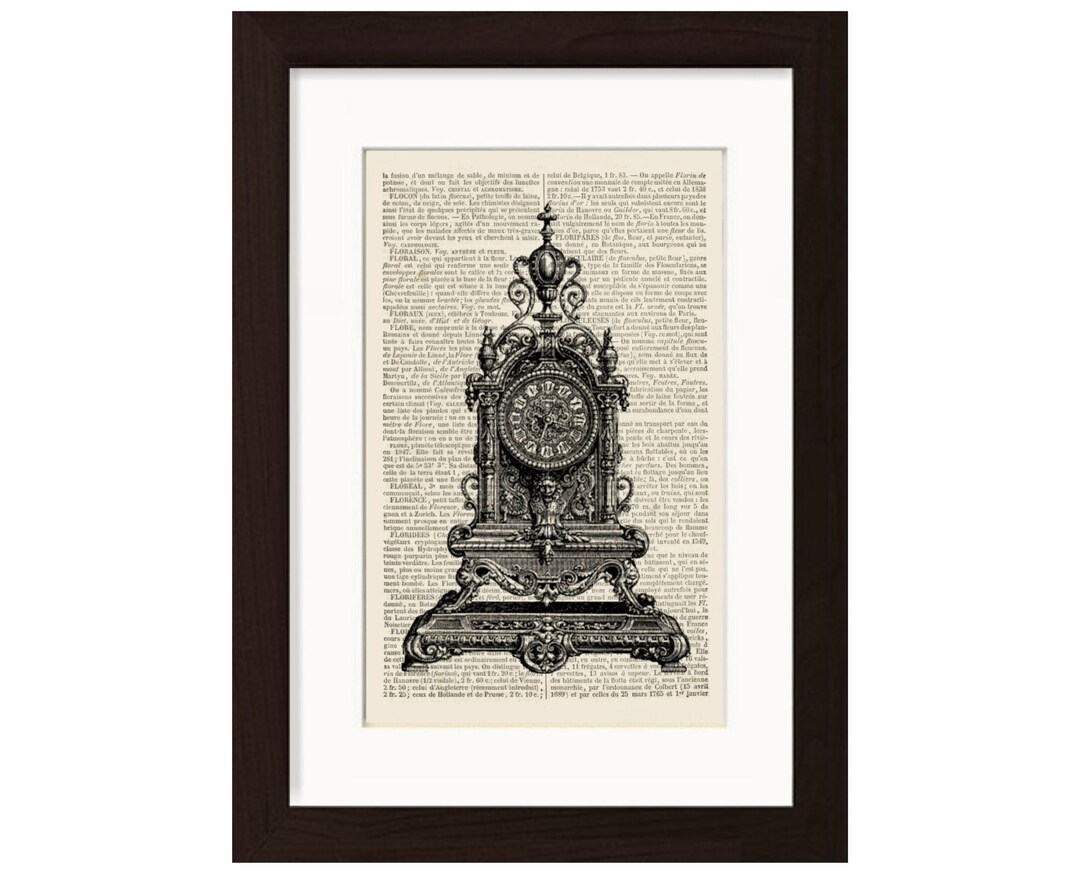 Antique Mantle Clock Engraving on Upcycled 1870's Dictionary Page Mixed ...