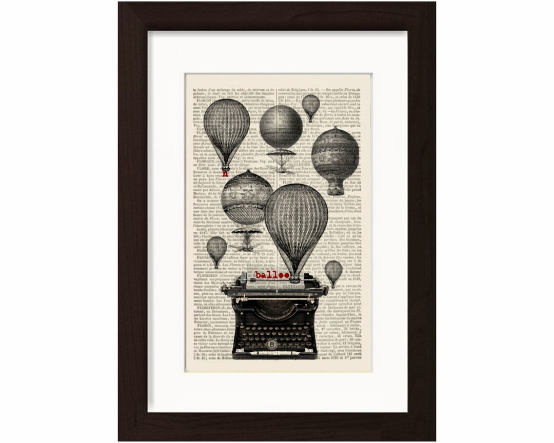 Hot Air Balloon With Typewriter Print on Vintage French English ...
