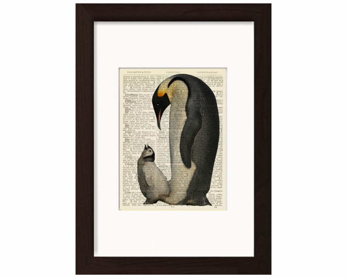 Emperor Penguin and Chick Print on Upcycled 1896 Latin English - Etsy