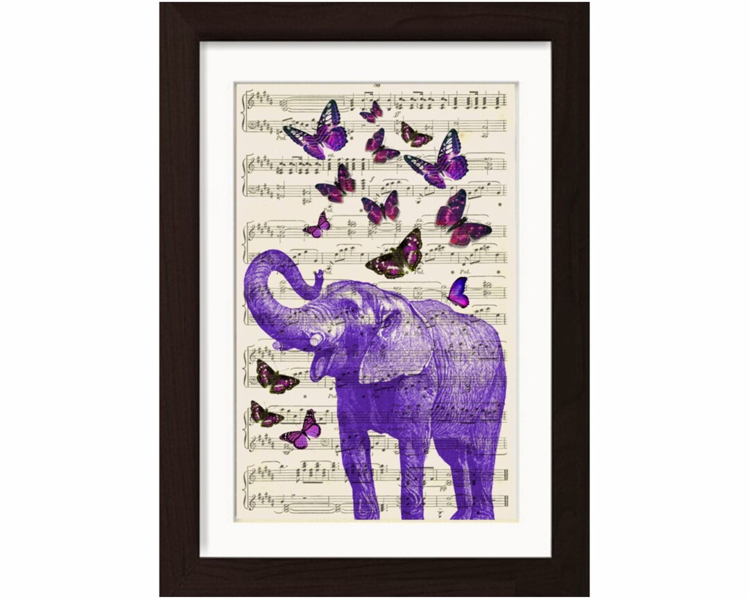Purple Elephant With Purple Butterflies Print on Upcycled Vintage 1920 ...